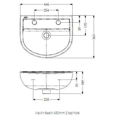 AKW Navlin Wash Basin 450mm 2 Tap Hole